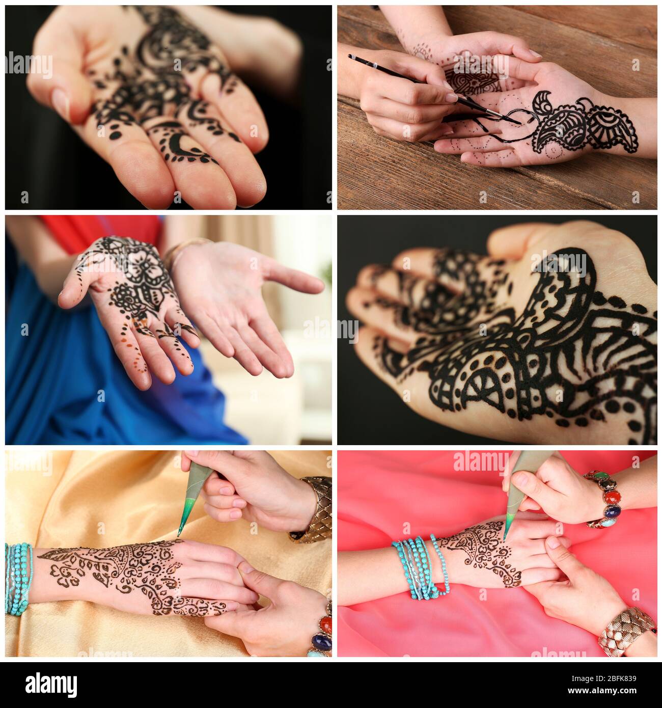 Collage with hands painted with henna Stock Photo - Alamy