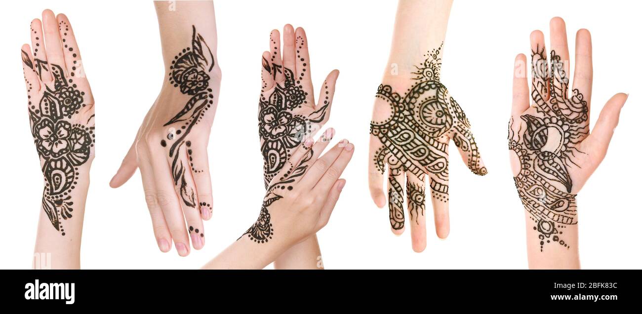 Collage with hands painted with henna, isolated on white Stock Photo ...