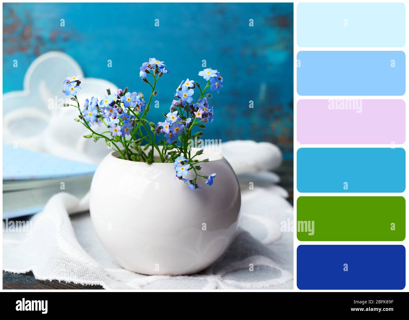 Composition with Forget-me-nots flowers and palette of colors Stock ...