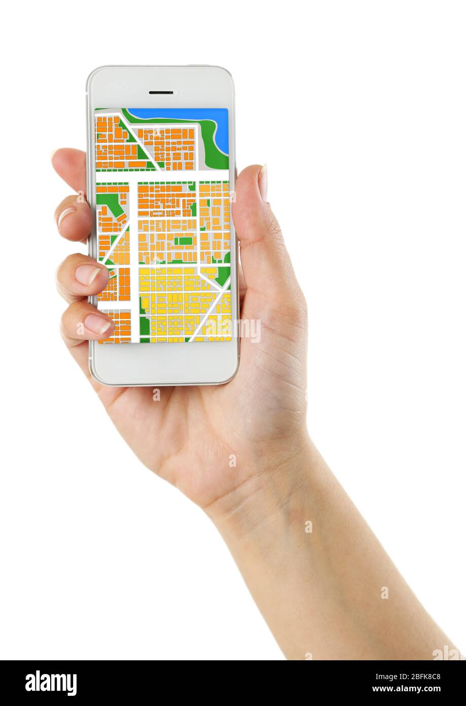 Male hand holding smart phone with map gps navigation application isolated on white Stock Photo ...