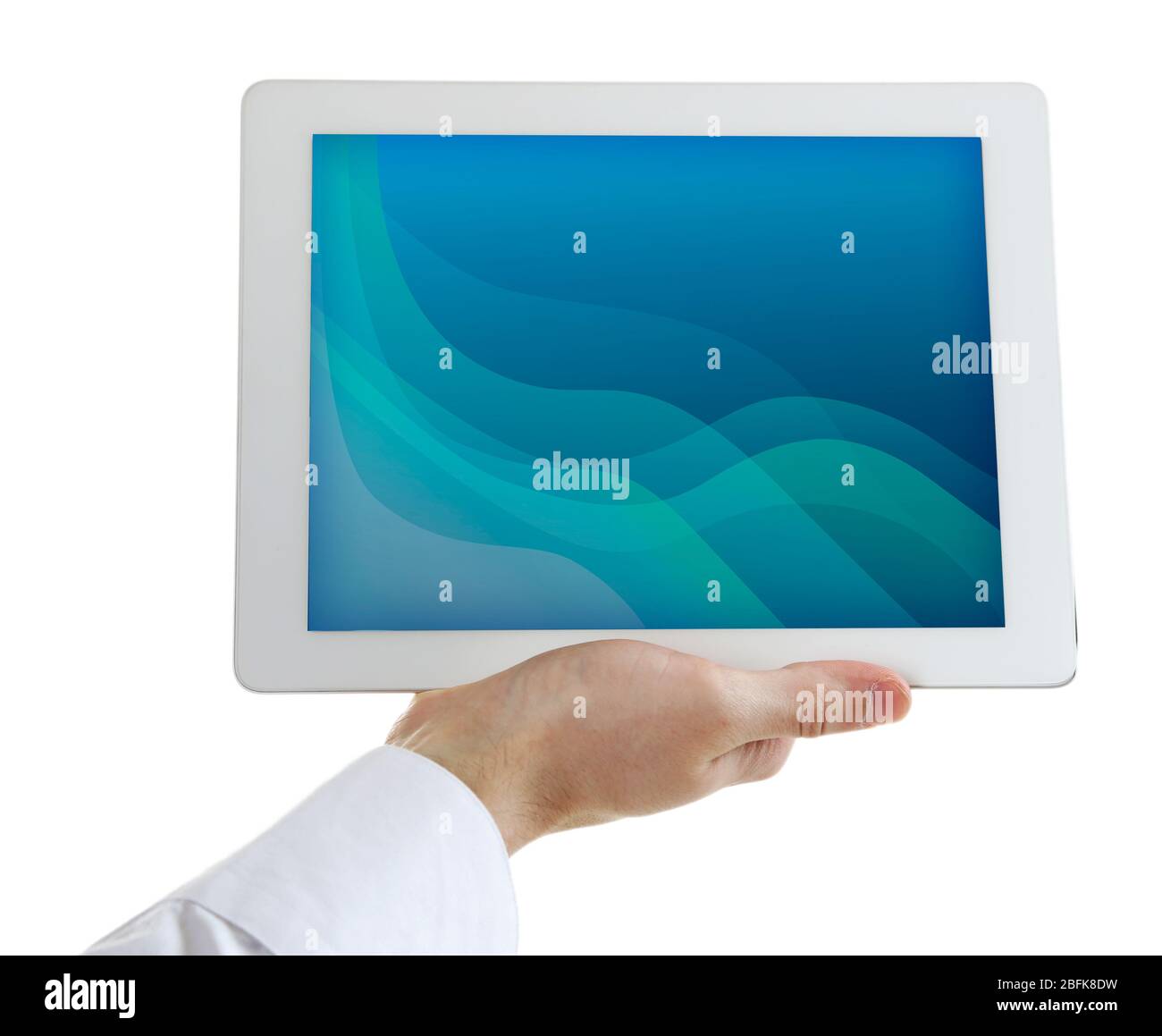 Male hand holding digital tablet with blue splash screen, isolated on ...