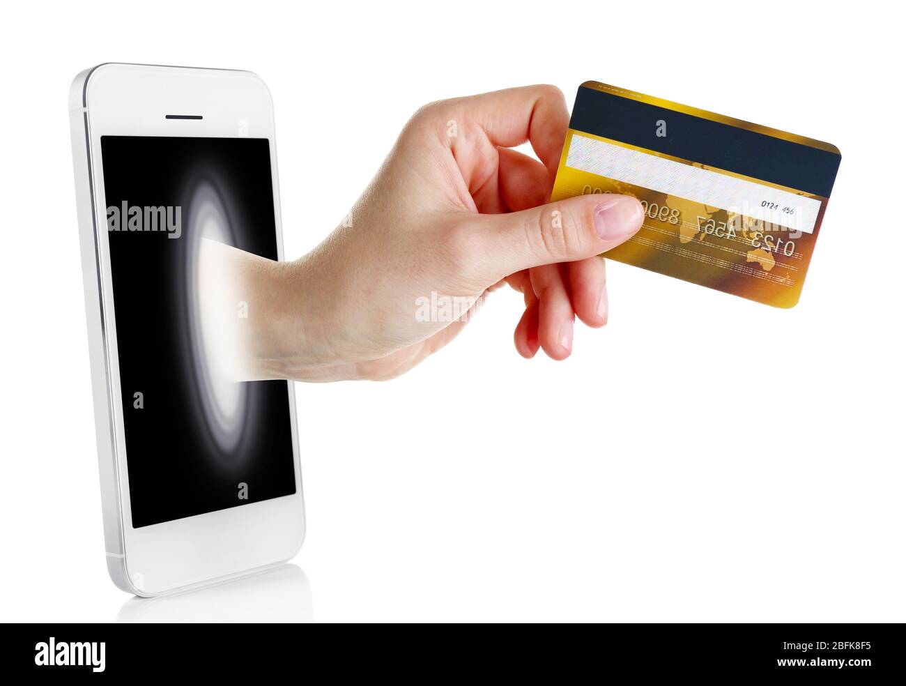 Mobile phone with credit card in hand isolated on white Stock Photo - Alamy