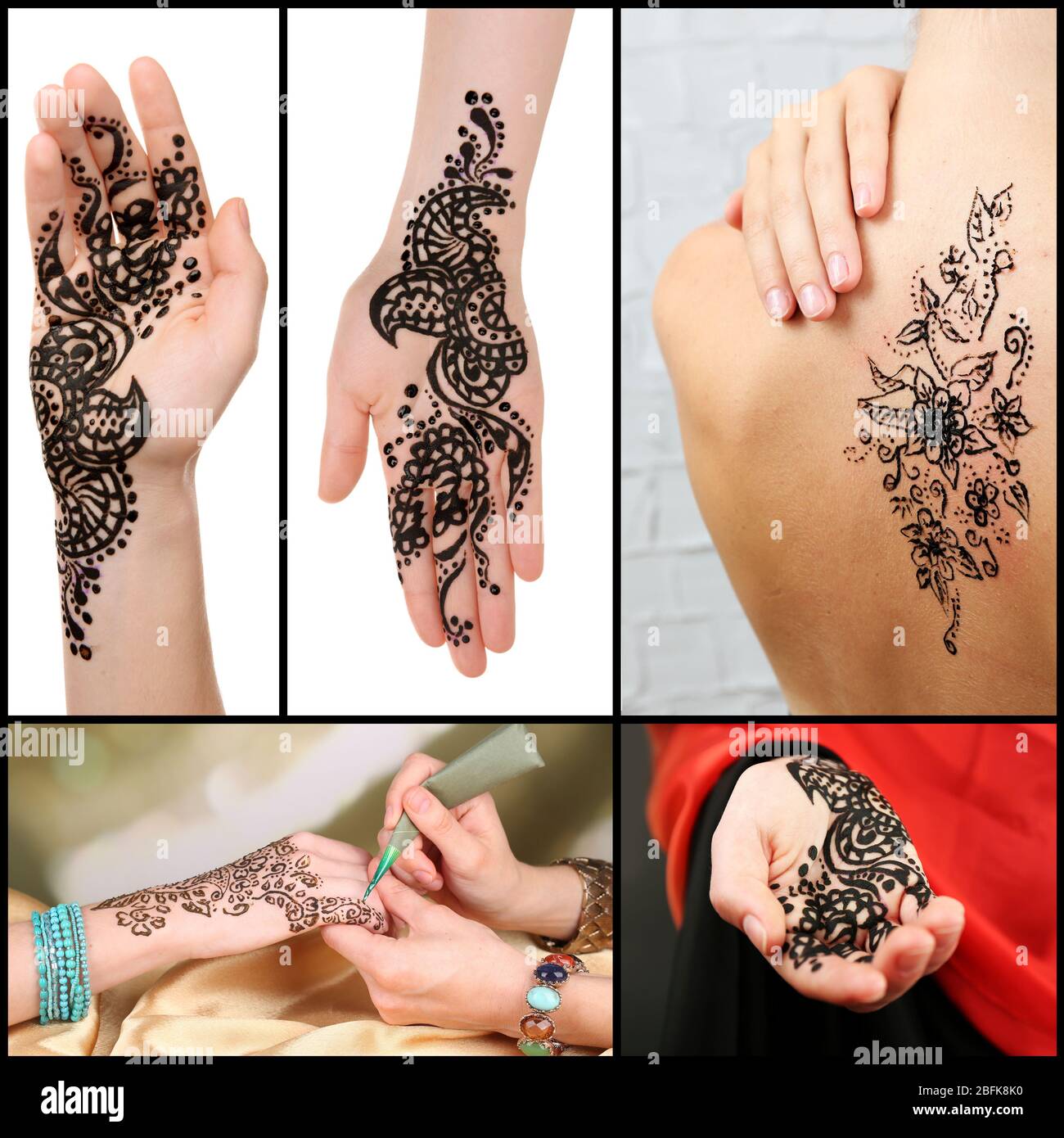 Collage with hands painted with henna Stock Photo - Alamy