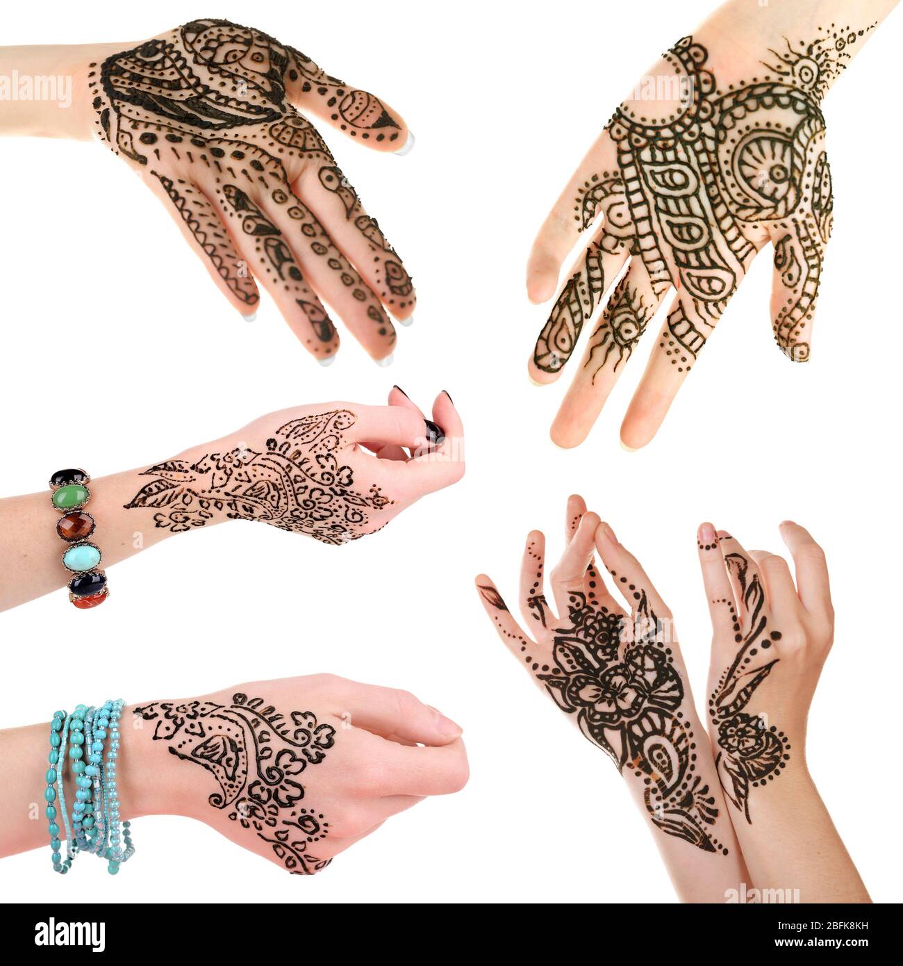 Collage with hands painted with henna, isolated on white Stock Photo ...