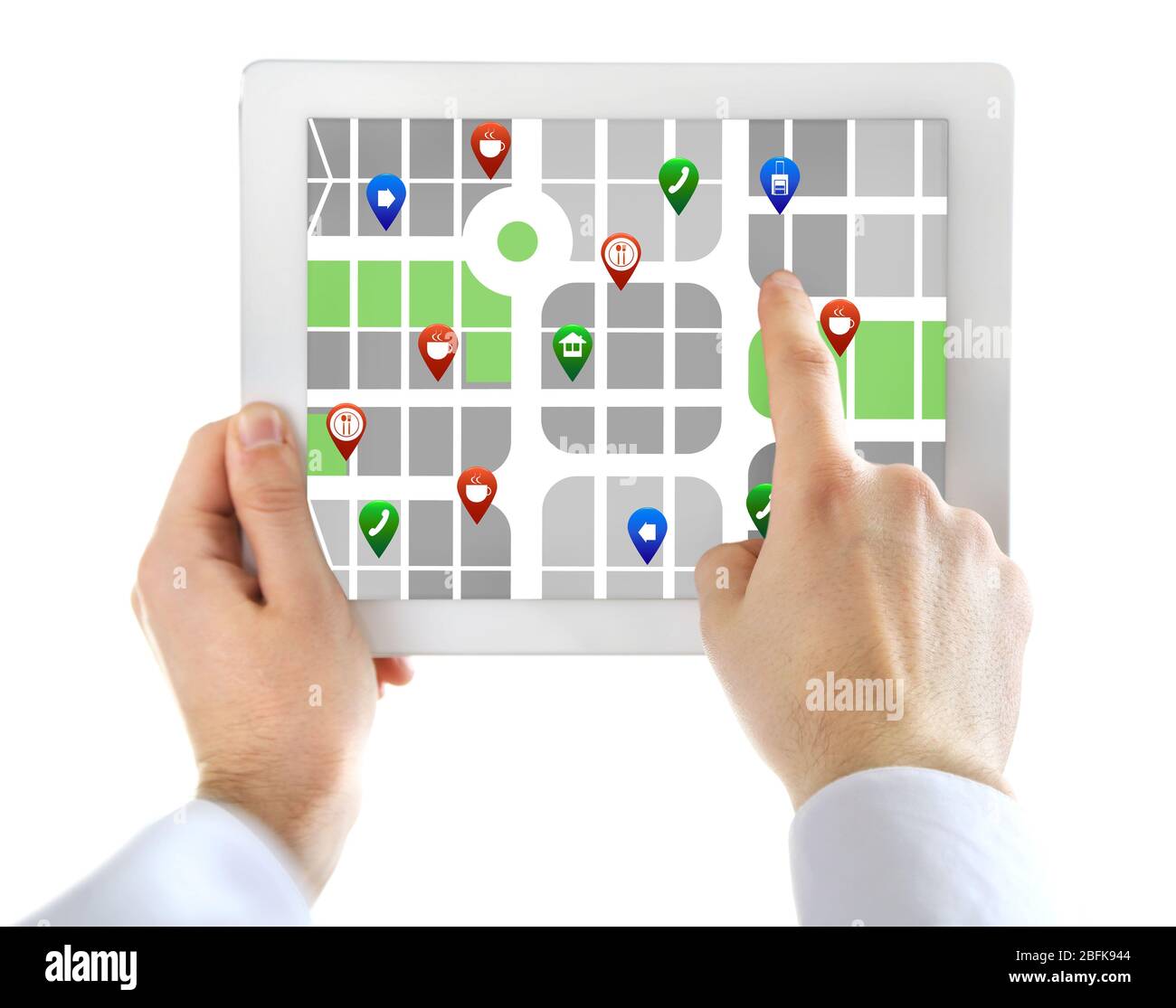 Male hand holding tablet pc with map gps navigation application ...