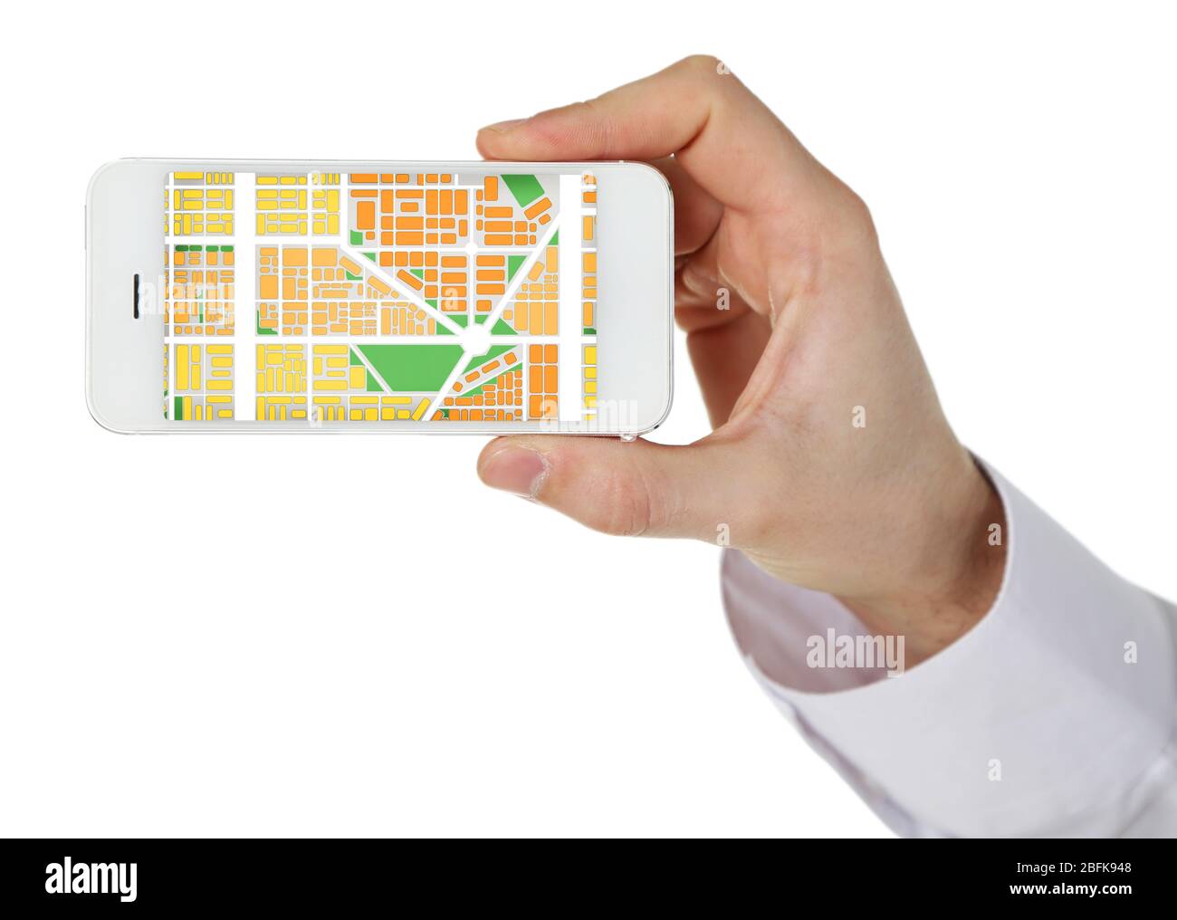 Male hand holding smart phone with map gps navigation application isolated on white Stock Photo ...