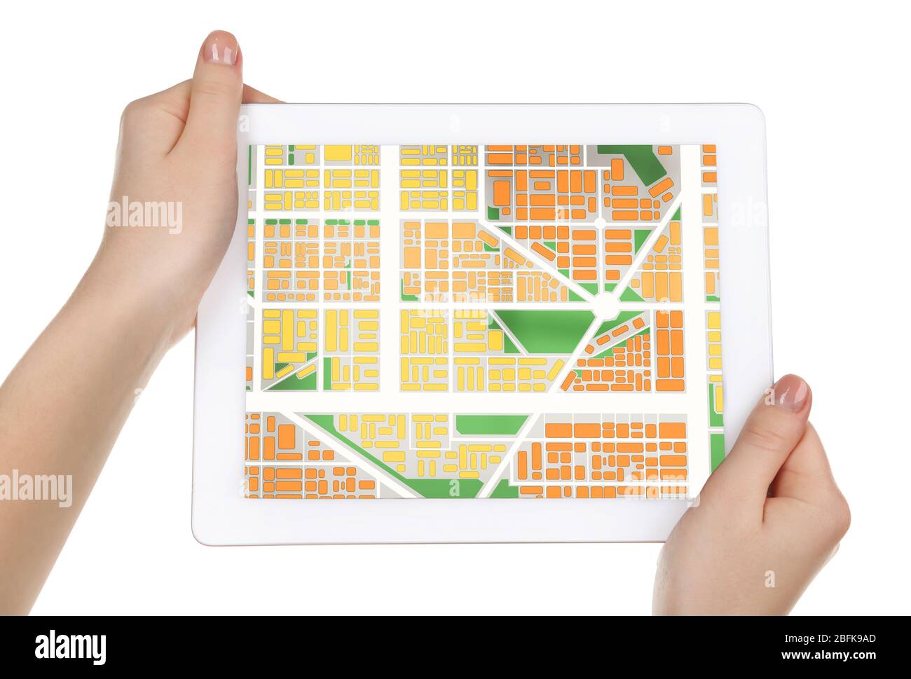 Female hands holding tablet pc with map gps navigation application ...