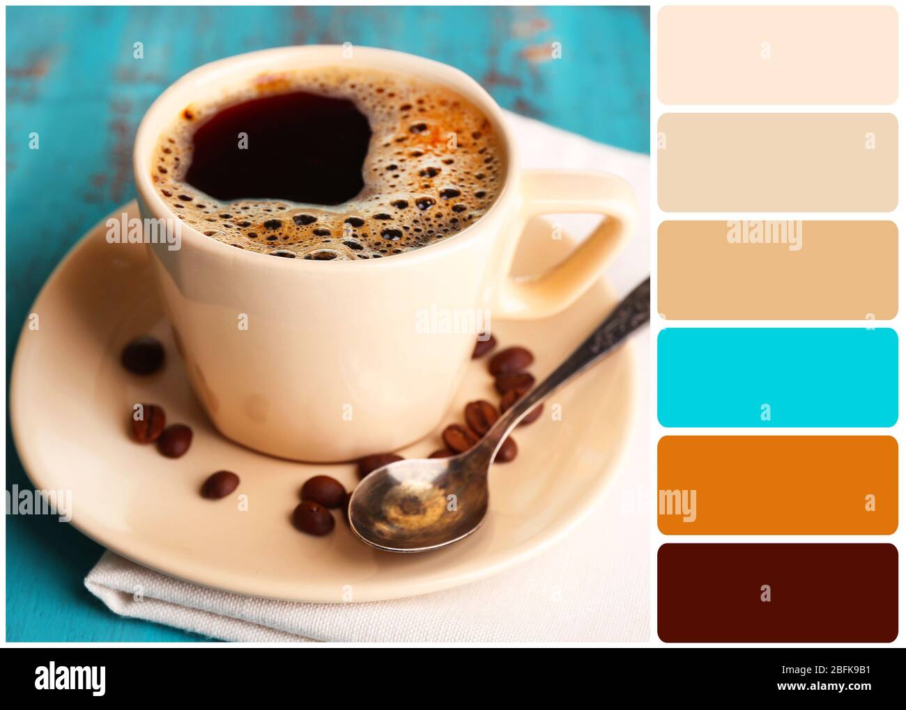 Cup of coffee on color wooden background and palette of colors Stock ...