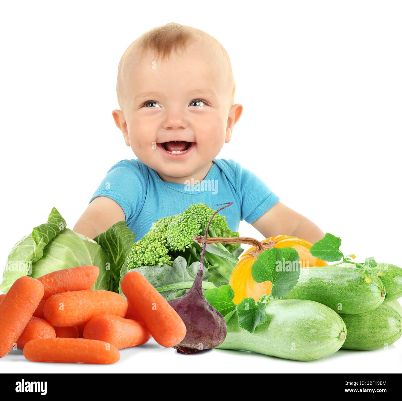 Cute baby and vegetable mix isolated on white Stock Photo - Alamy