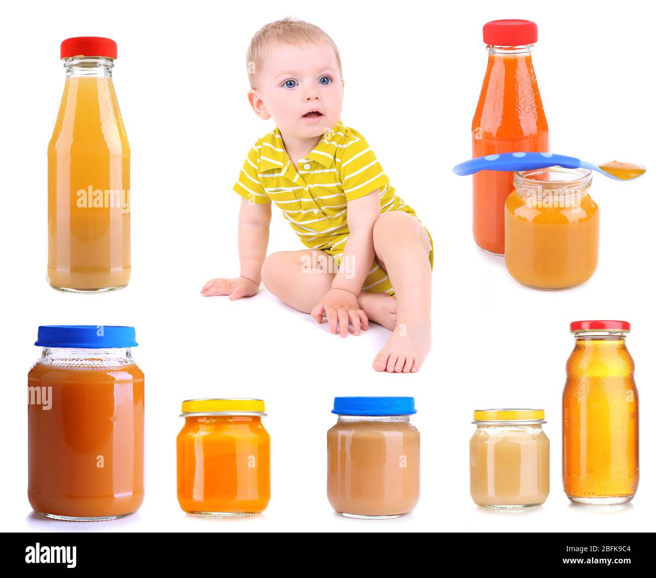 Cute baby boy and products for feeding isolated on white Stock Photo ...