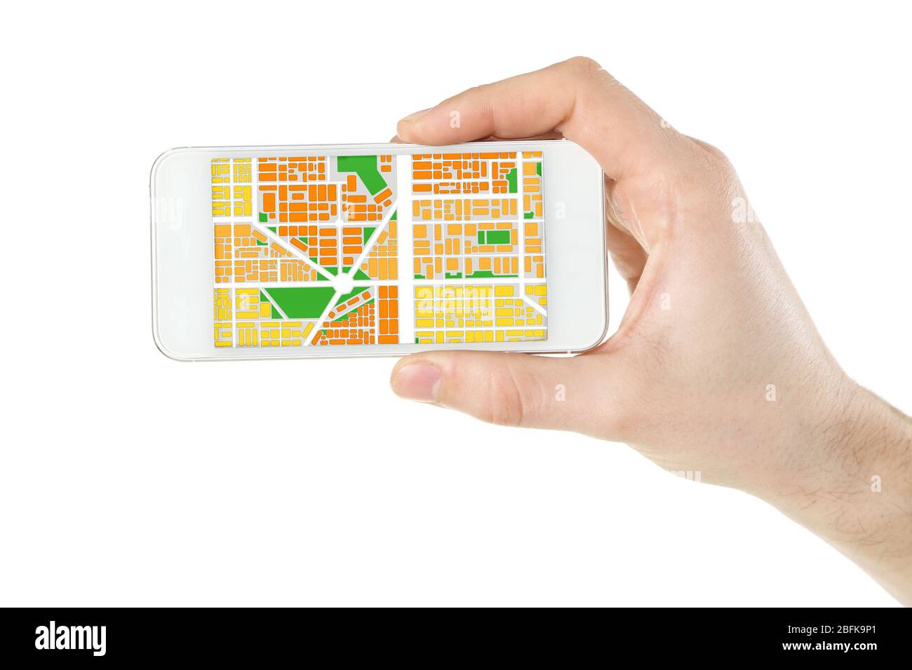 Male hand holding smart phone with map gps navigation application ...