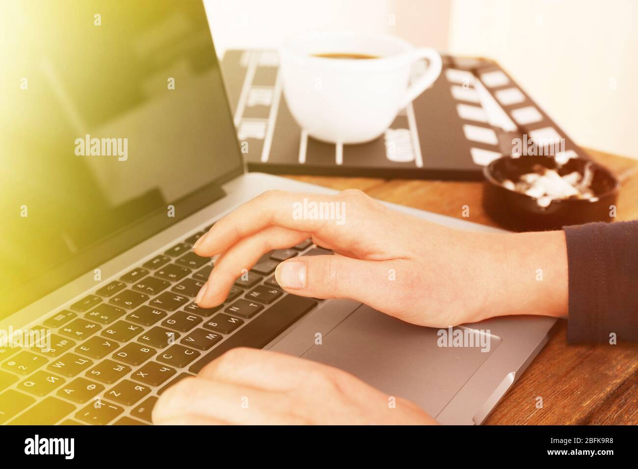 Female hands of scriptwriter working on laptop at desk on cupboard ...