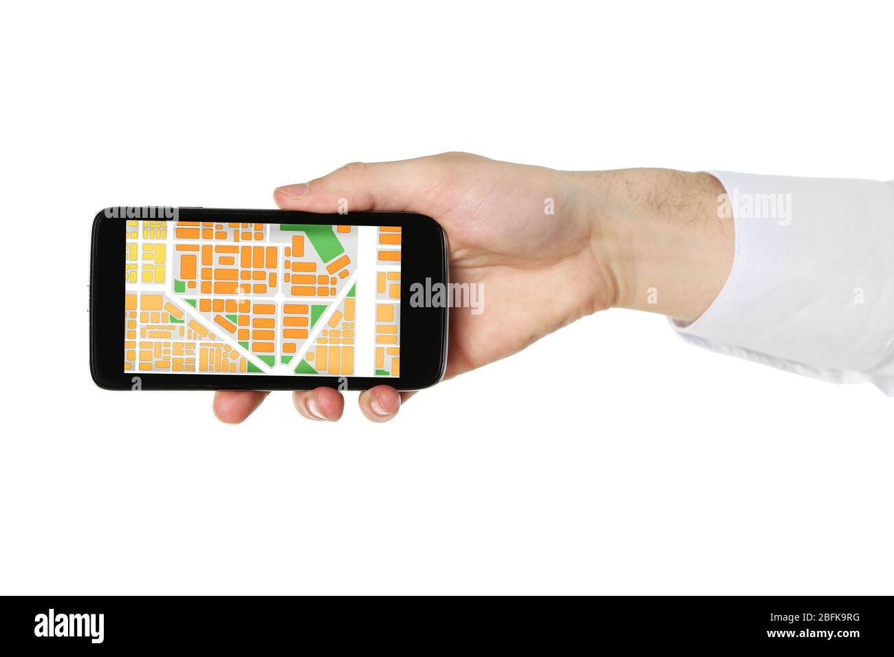 Male hand holding smart phone with map gps navigation application isolated on white Stock Photo ...