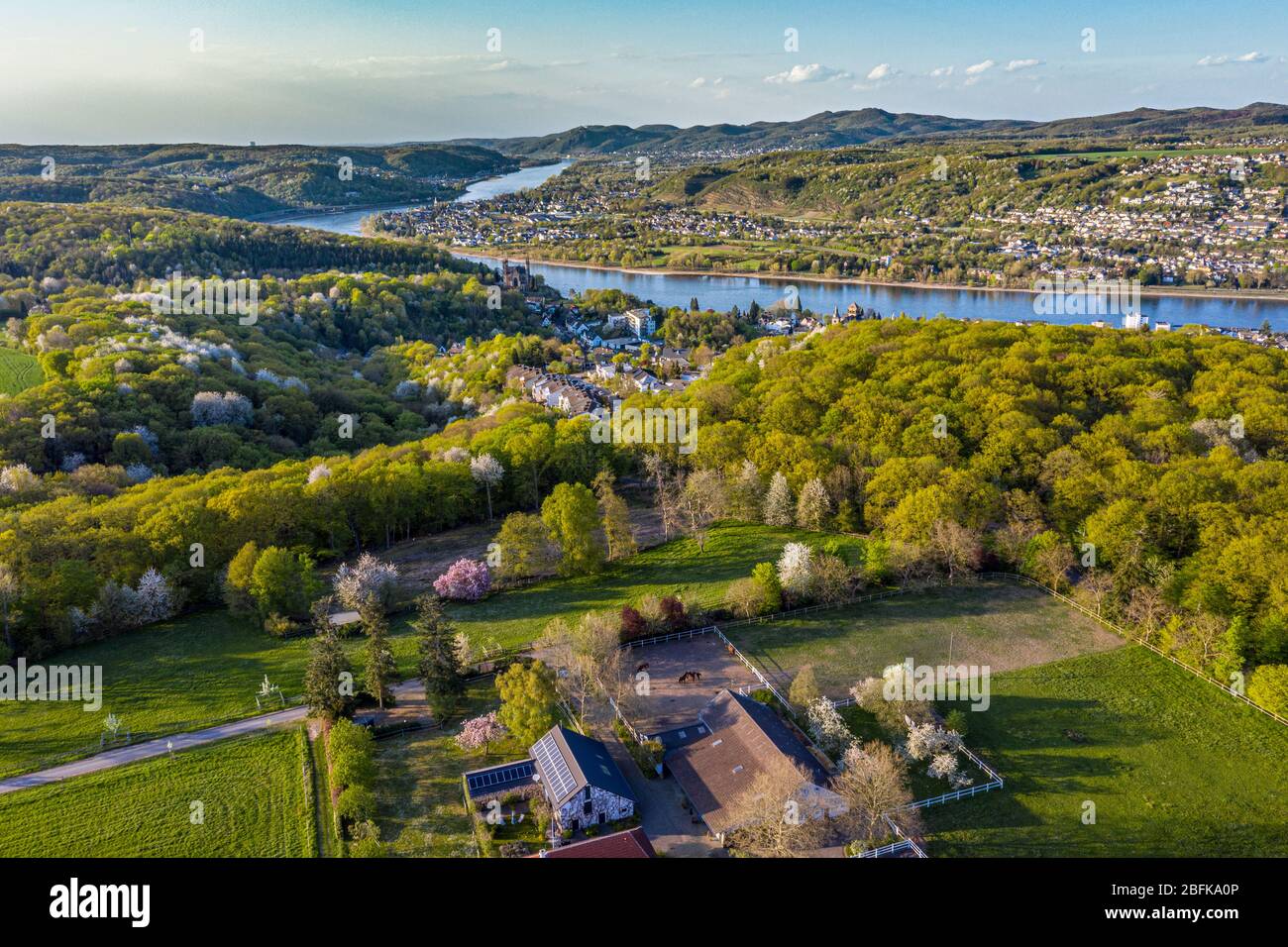 Aerial view of the Rhine Valley and Remagen countryside and Farmland ...