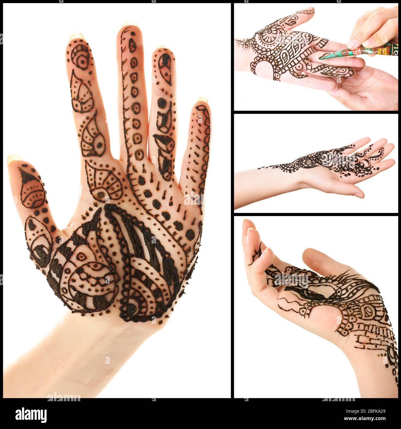 Collage with hands painted with henna, isolated on white Stock Photo ...