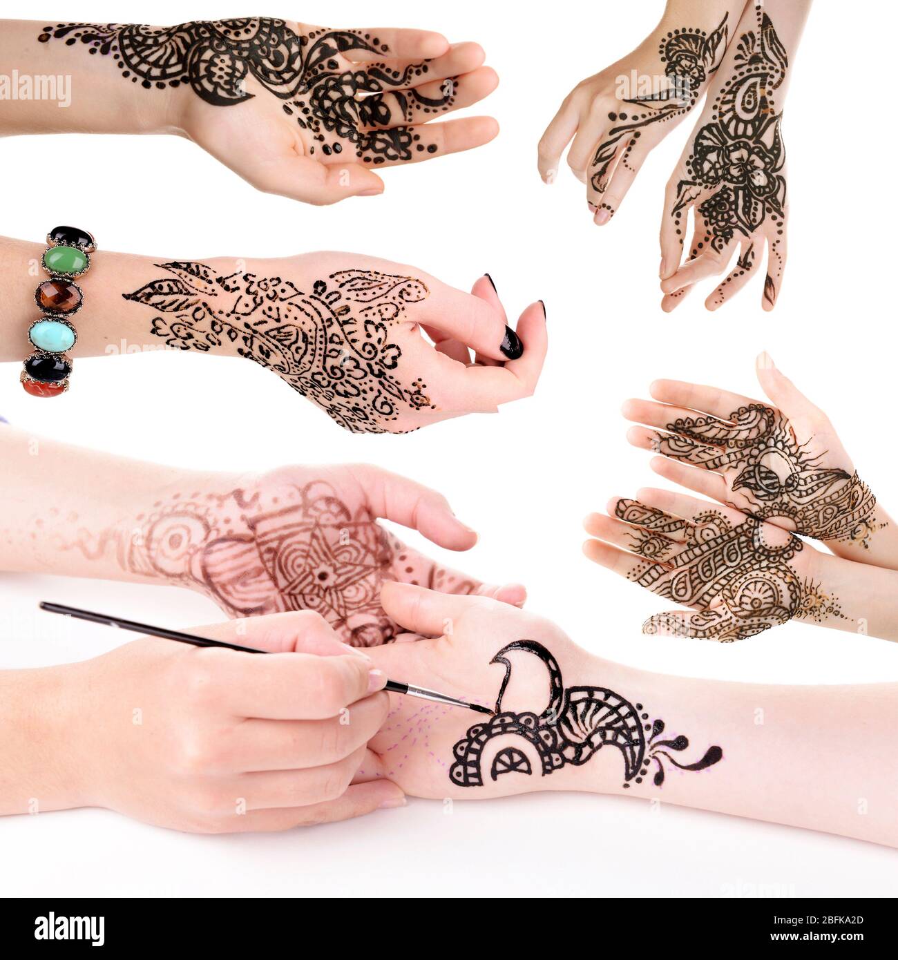 Collage with hands painted with henna, isolated on white Stock Photo ...