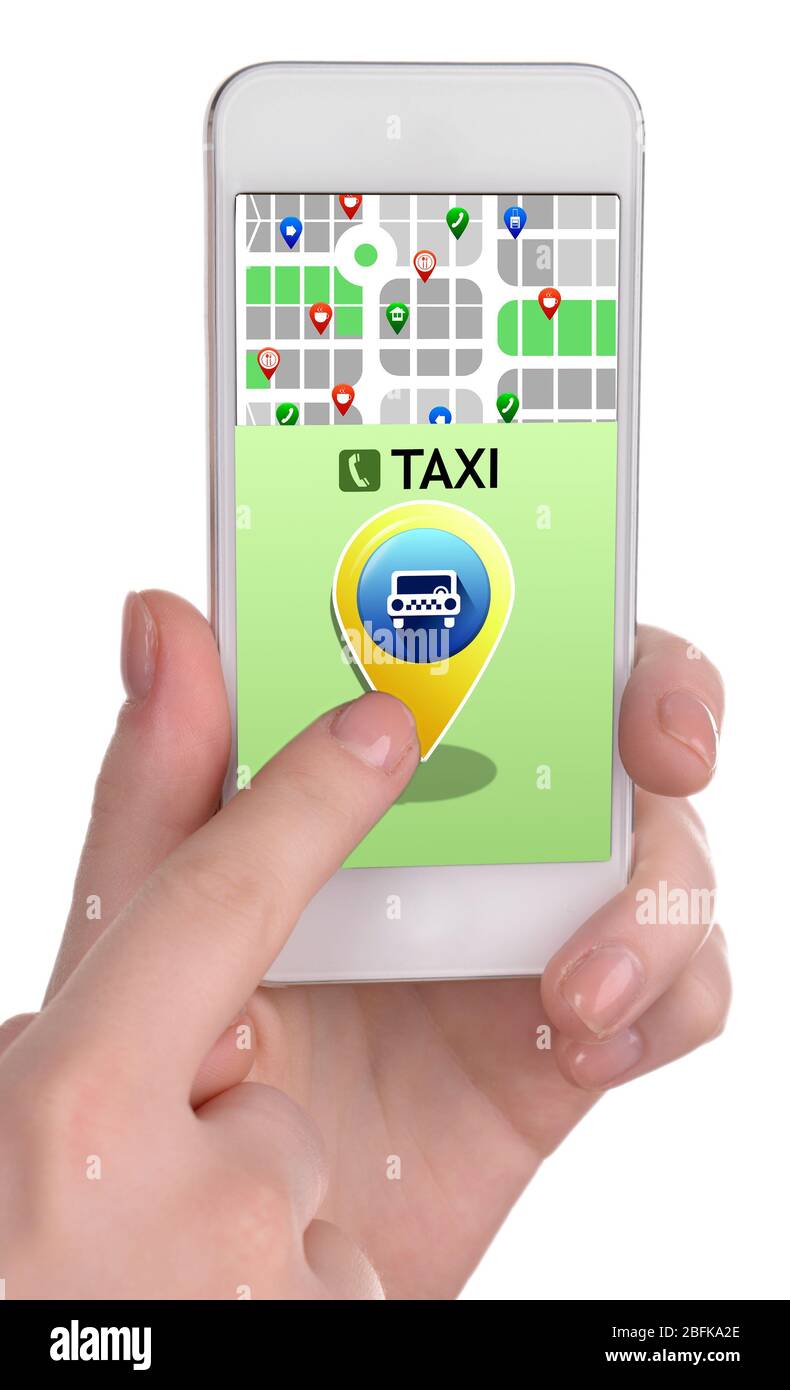 Hands holding mobile smart phone with interface taxi, isolated on white ...