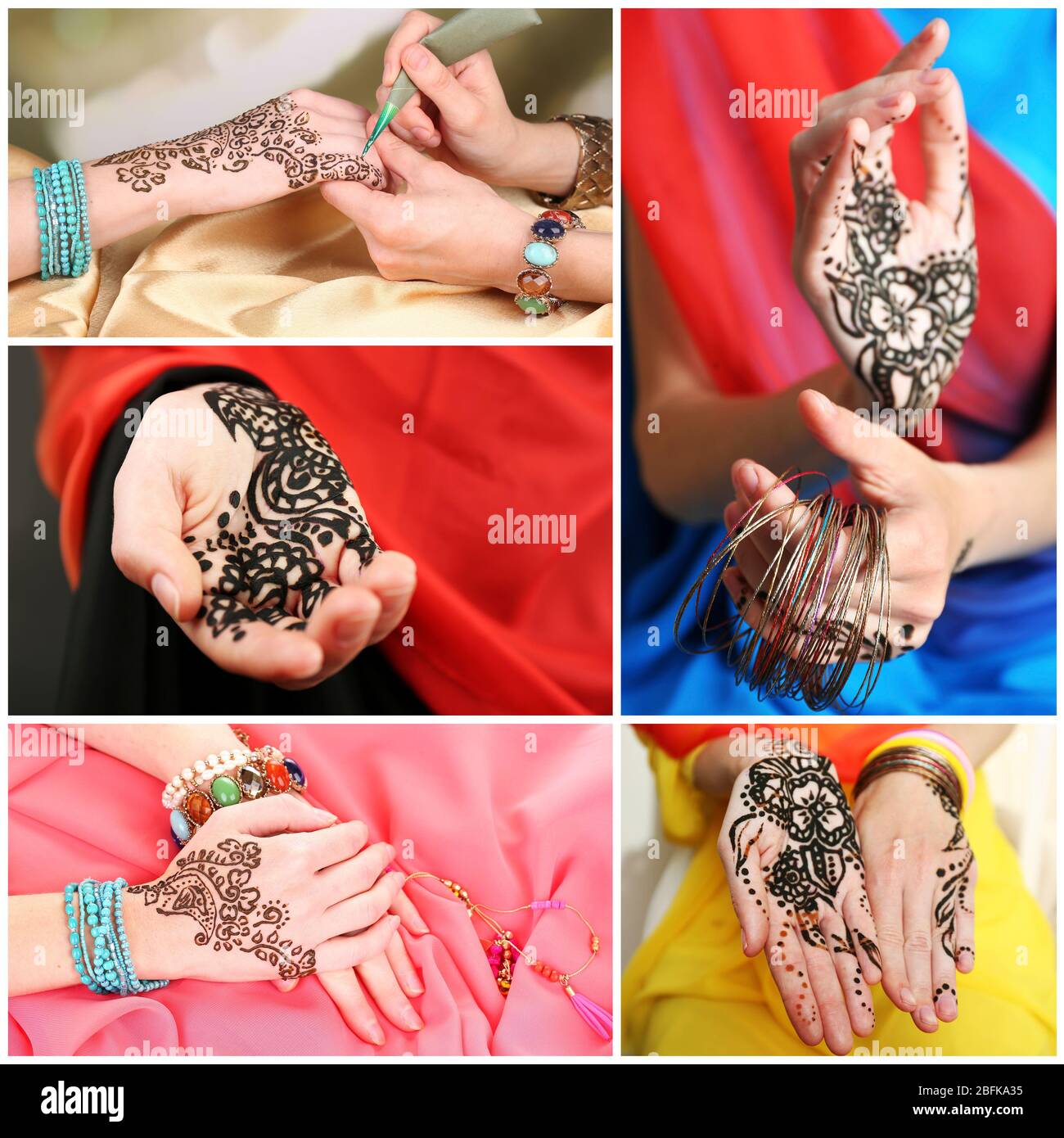 Collage with hands painted with henna Stock Photo - Alamy