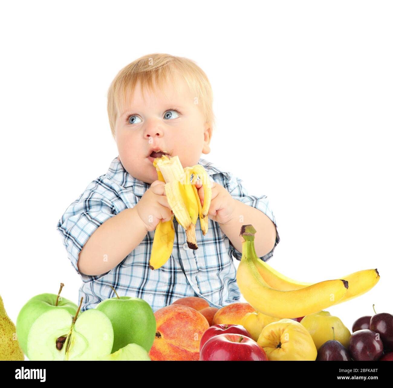 Cute baby and fruit mix isolated on white Stock Photo - Alamy