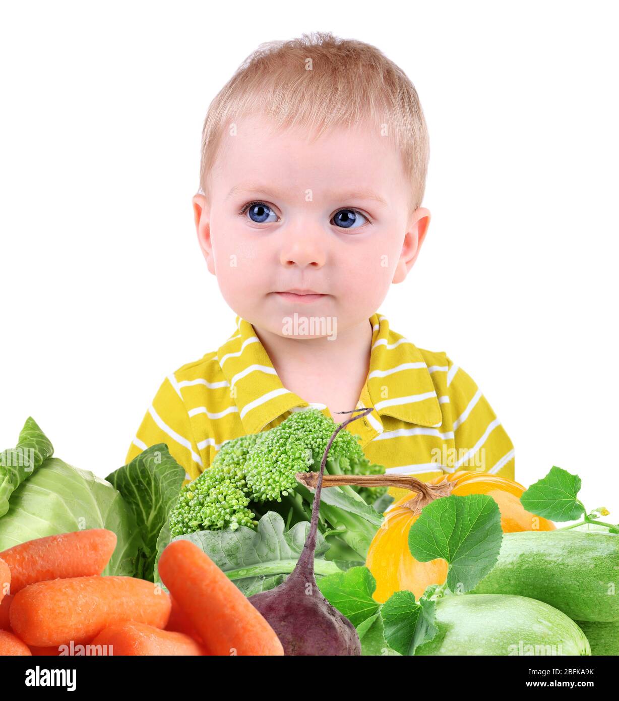 Cute baby and vegetable mix isolated on white Stock Photo - Alamy