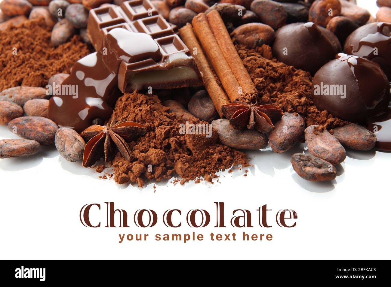 Composition of chocolate sweets, cocoa and spices, isolated on white ...