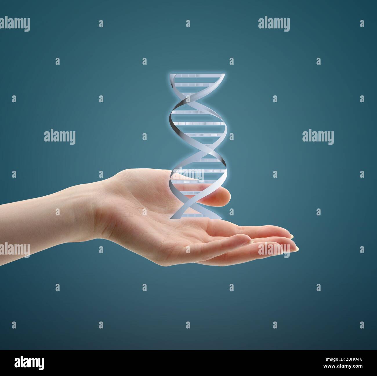 Hand with DNA vector image, on blue background Stock Photo - Alamy