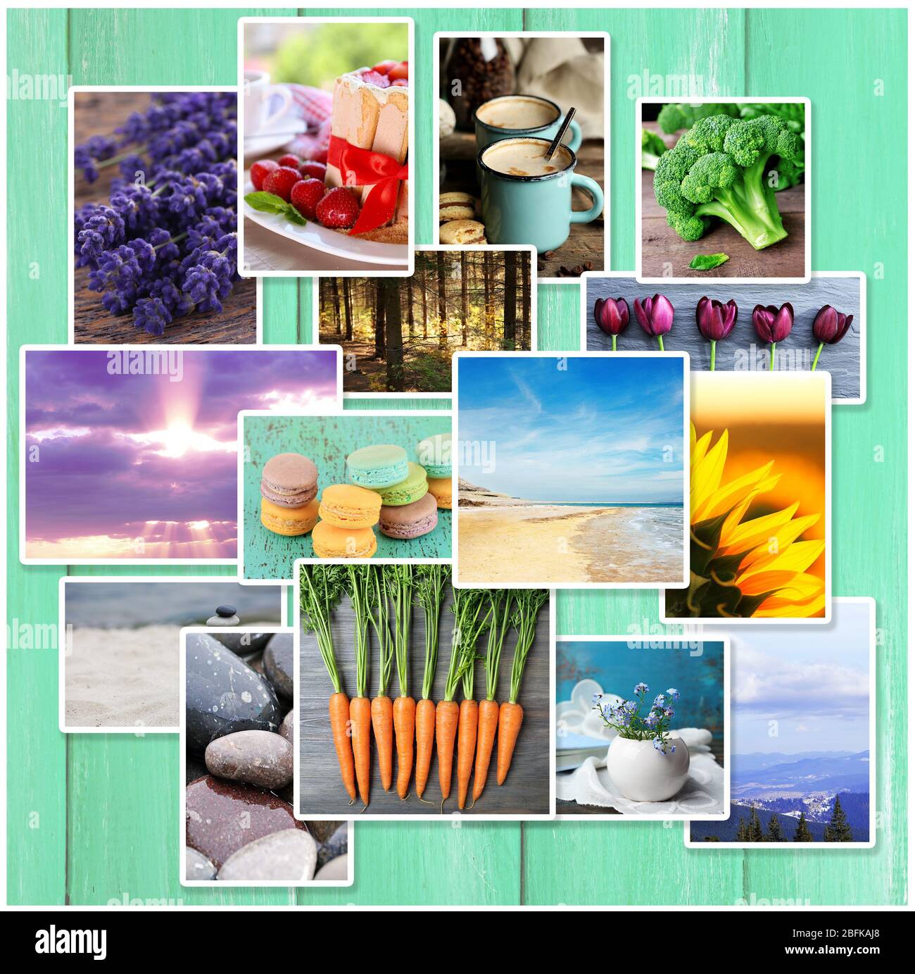 Collage of different bright photos on wooden background Stock Photo - Alamy