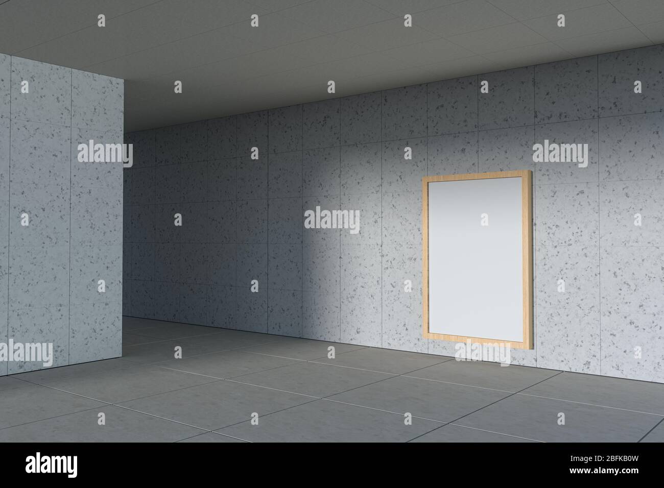 Blank white banner outside. Concrete building in the background. 3d ...