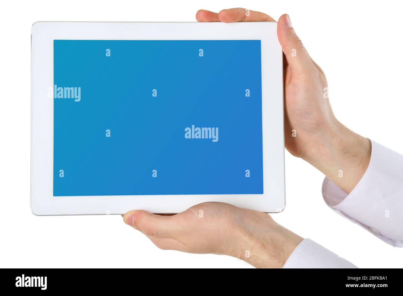 Hands holding tablet PC with blue screen, isolated on white Stock Photo ...