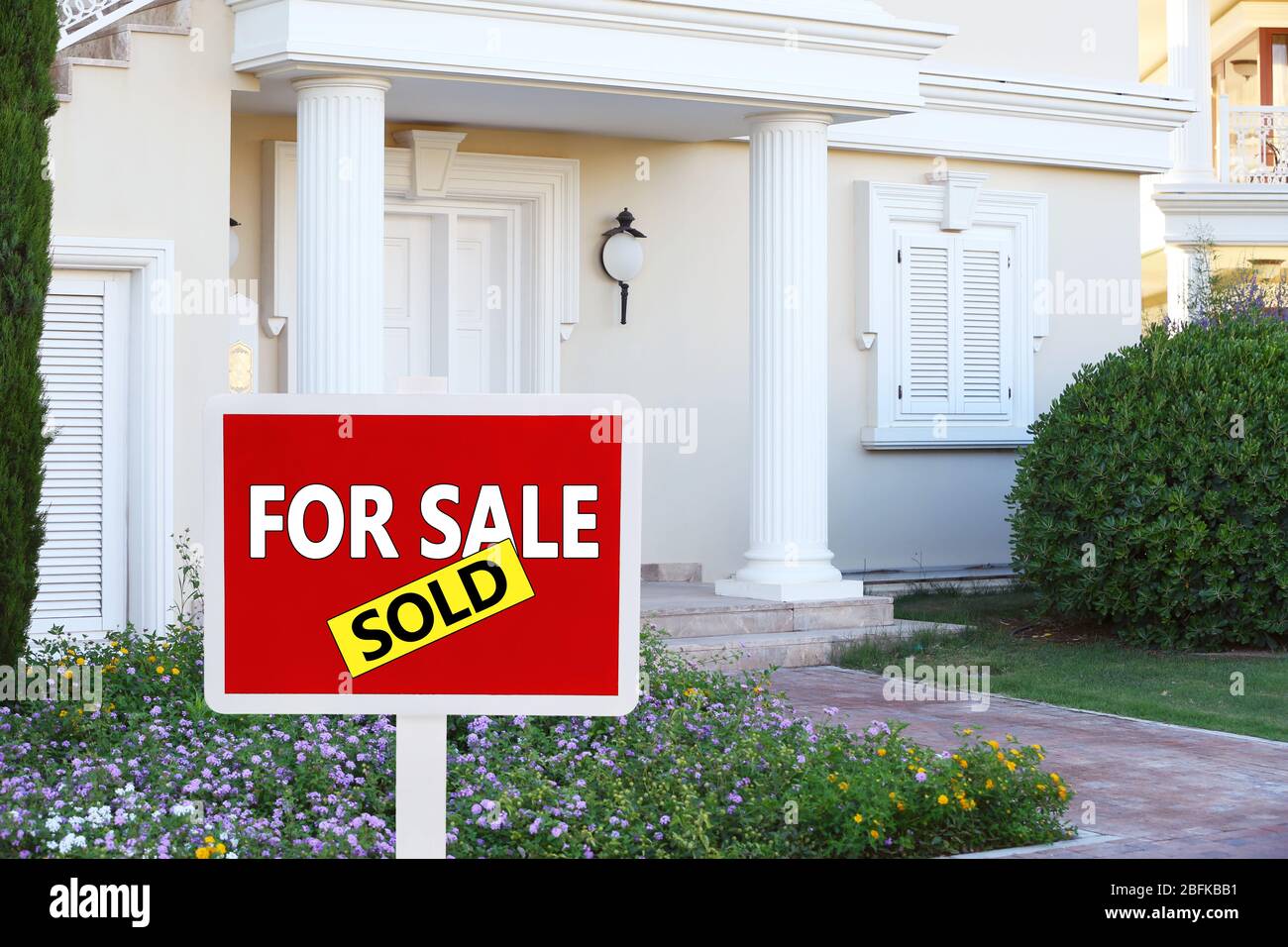 Real estate sign in front of new house for sale Stock Photo - Alamy