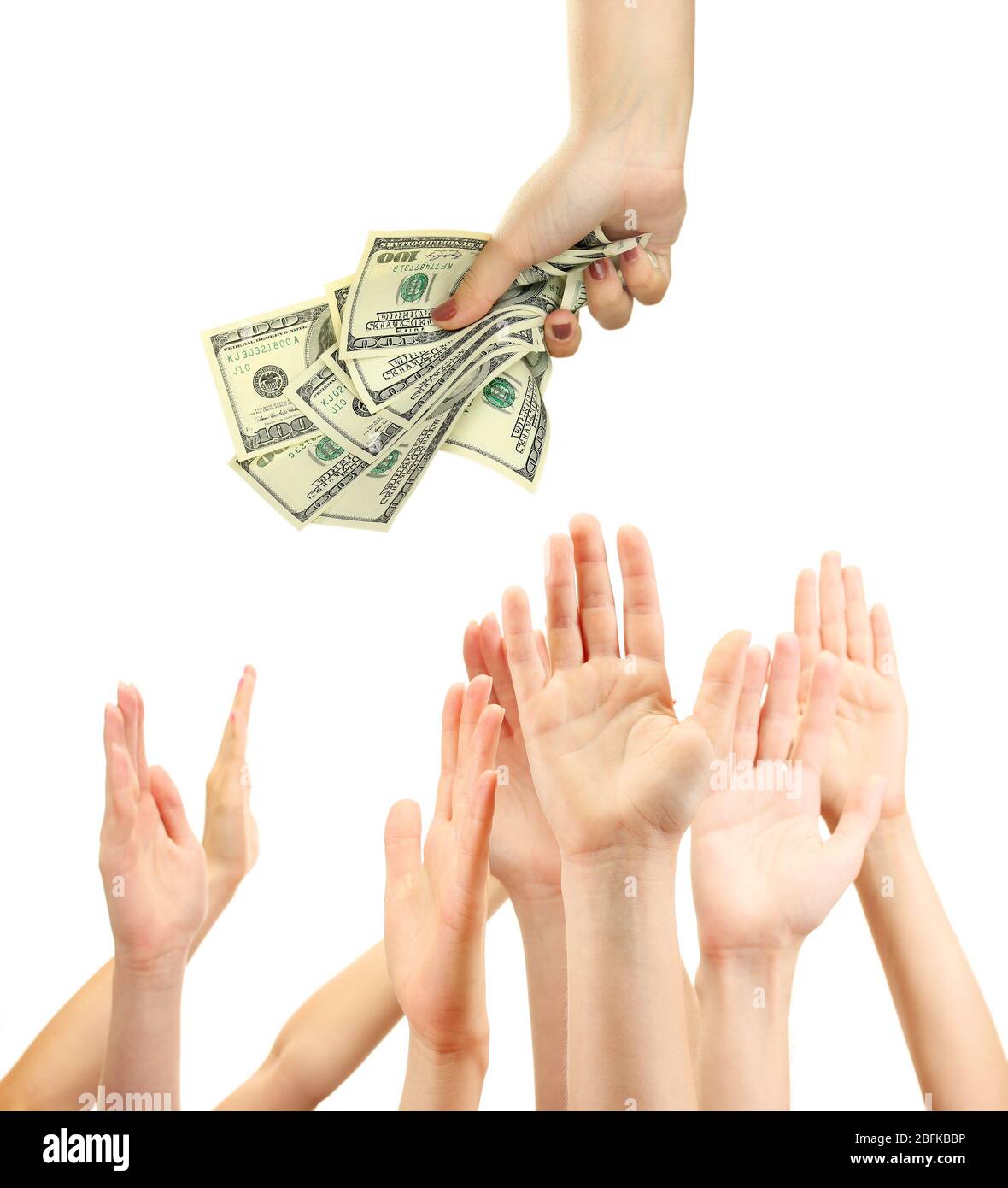 Many hands reaching out for money, isolated on white Stock Photo - Alamy