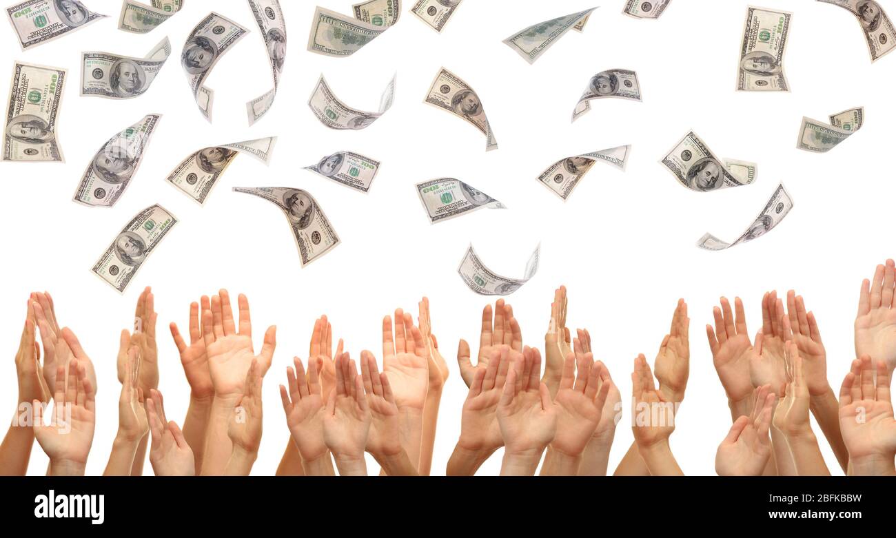 Many hands reaching out for money, isolated on white Stock Photo - Alamy