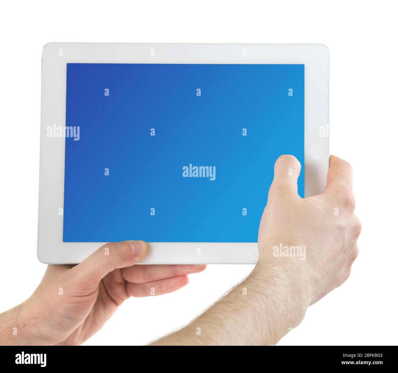 Hands holding tablet PC with blue screen, isolated on white Stock Photo ...
