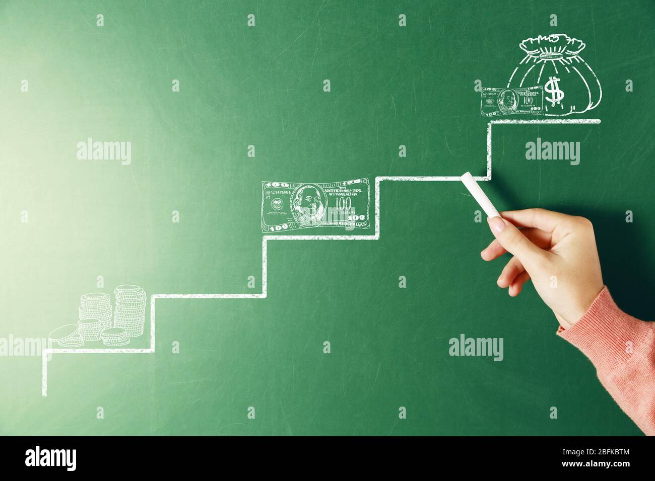 Money concept.Female hand drawing on blackboard Stock Photo - Alamy
