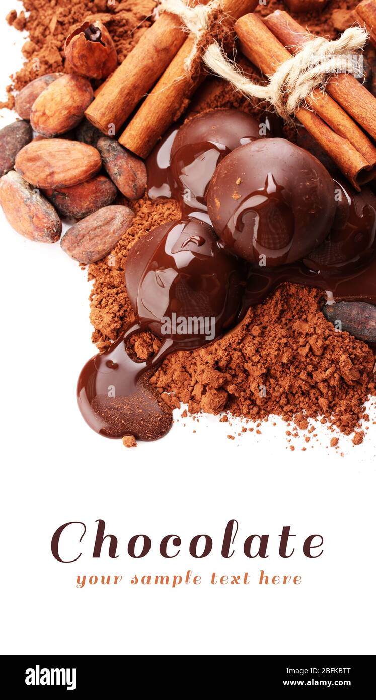 Composition of chocolate sweets, cocoa and spices, isolated on white ...