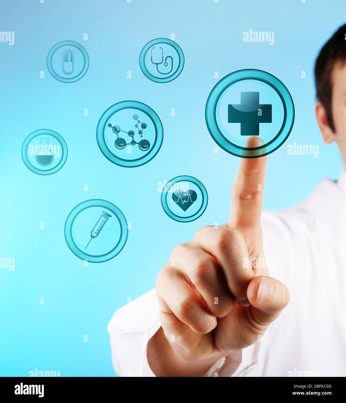 Doctor hand with medicine icons - medical technology concept Stock ...
