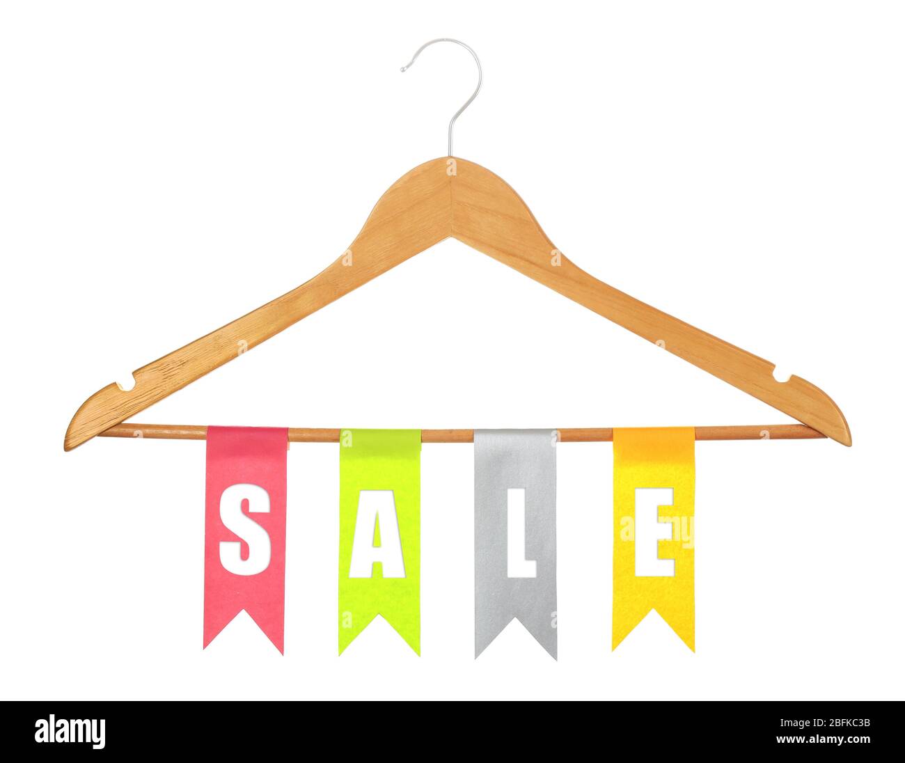 Row of colorful flags hanging on wooden hanger isolated on white Stock ...
