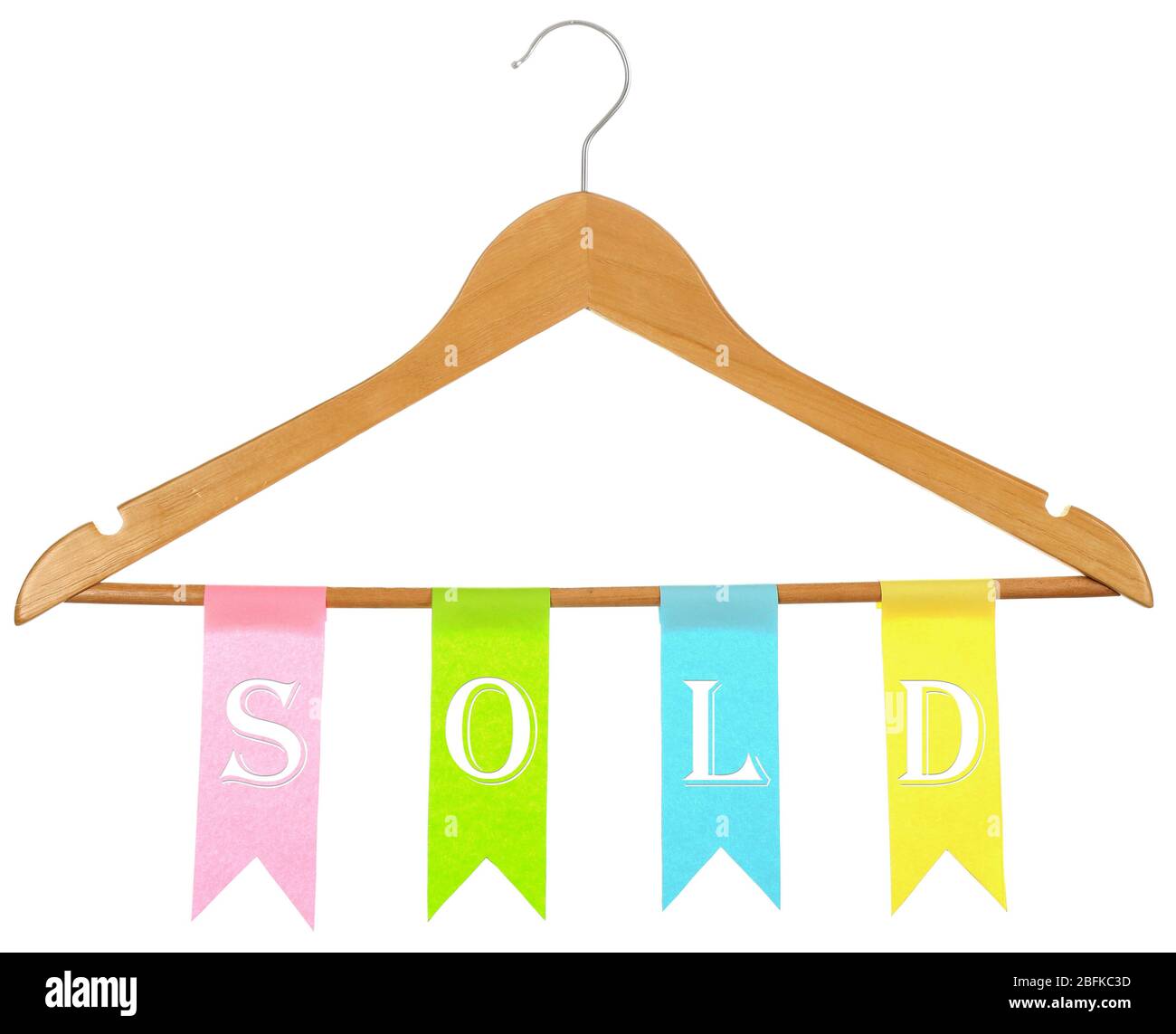Row of colorful flags hanging on wooden hanger isolated on white Stock ...