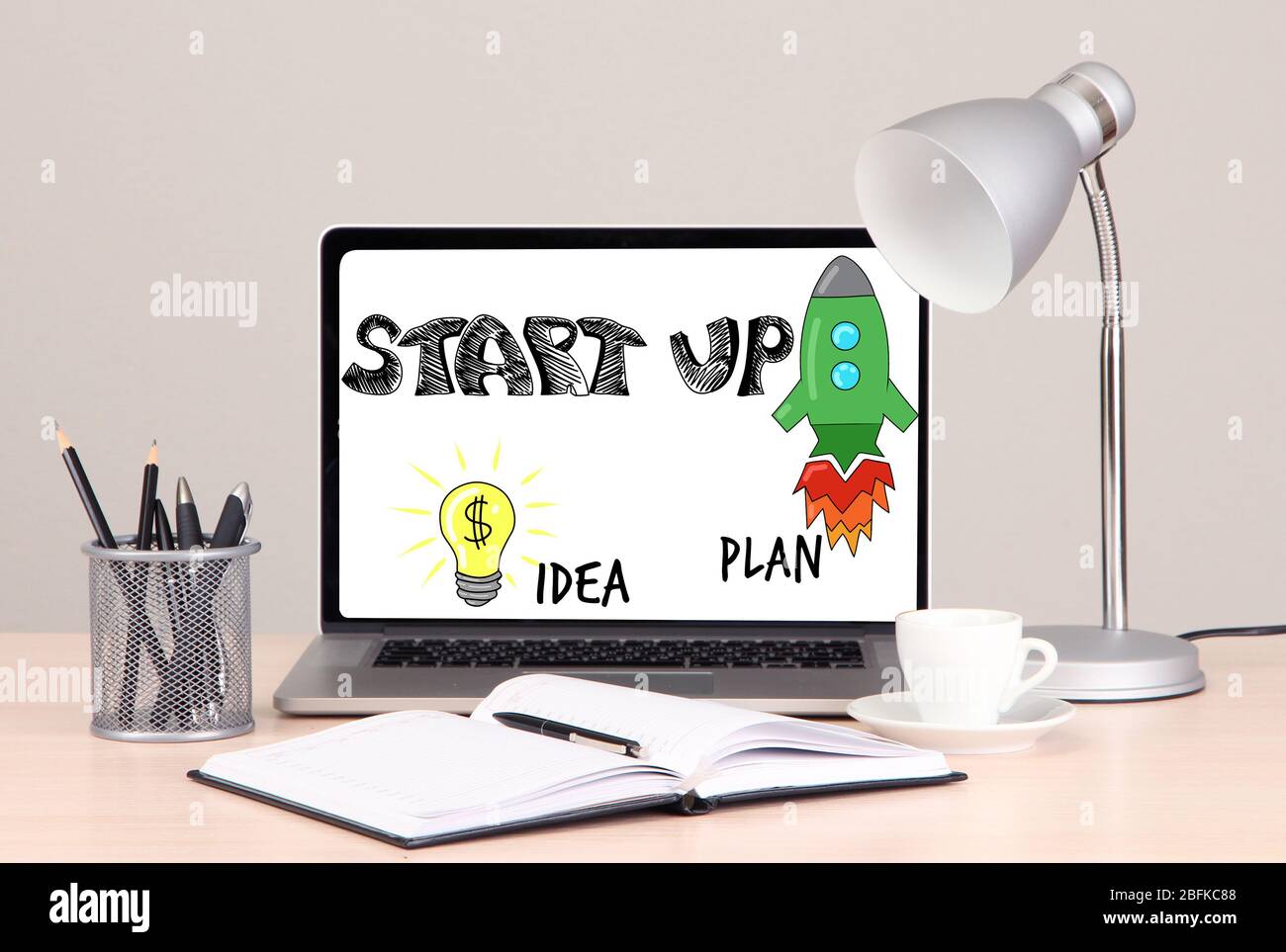 Workplace with computer. Startup business concept Stock Photo - Alamy