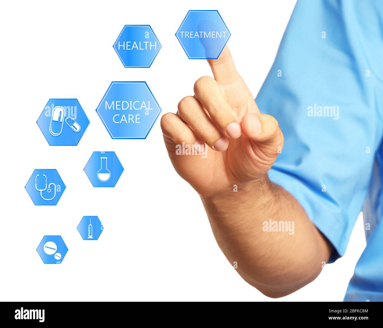 Doctor hand with medicine icons - medical technology concept Stock ...