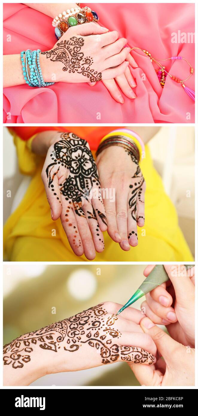 Collage with hands painted with henna Stock Photo - Alamy