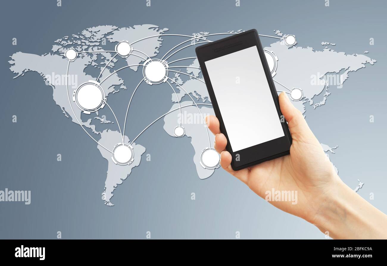 Technology and network concept - smarthphone with world map Stock Photo ...