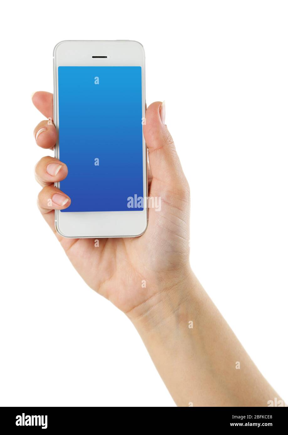 Hand holding smart phone with blue screen, isolated on white Stock ...