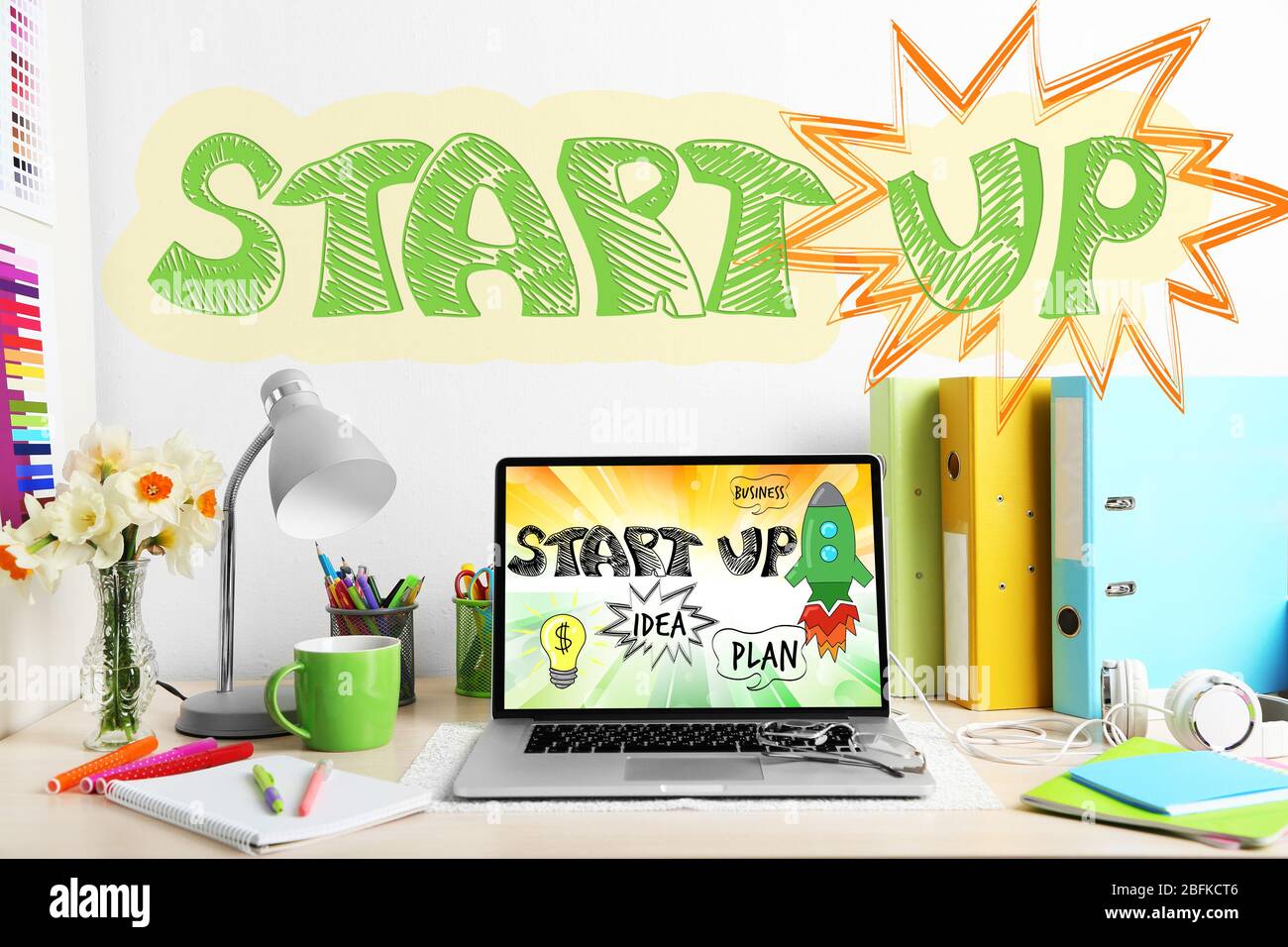 Workplace with computer. Startup business concept Stock Photo - Alamy