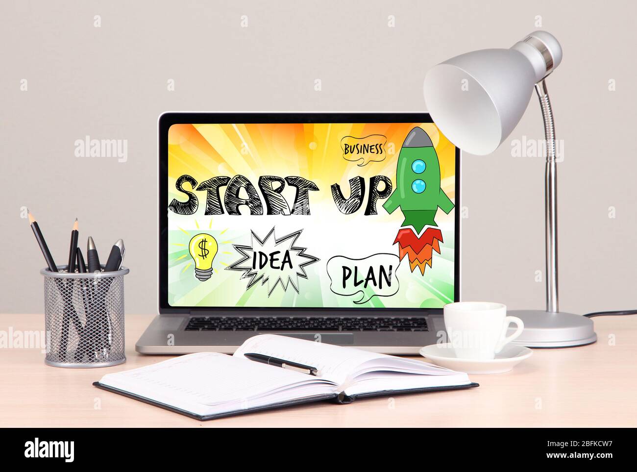 Workplace with computer. Startup business concept Stock Photo - Alamy