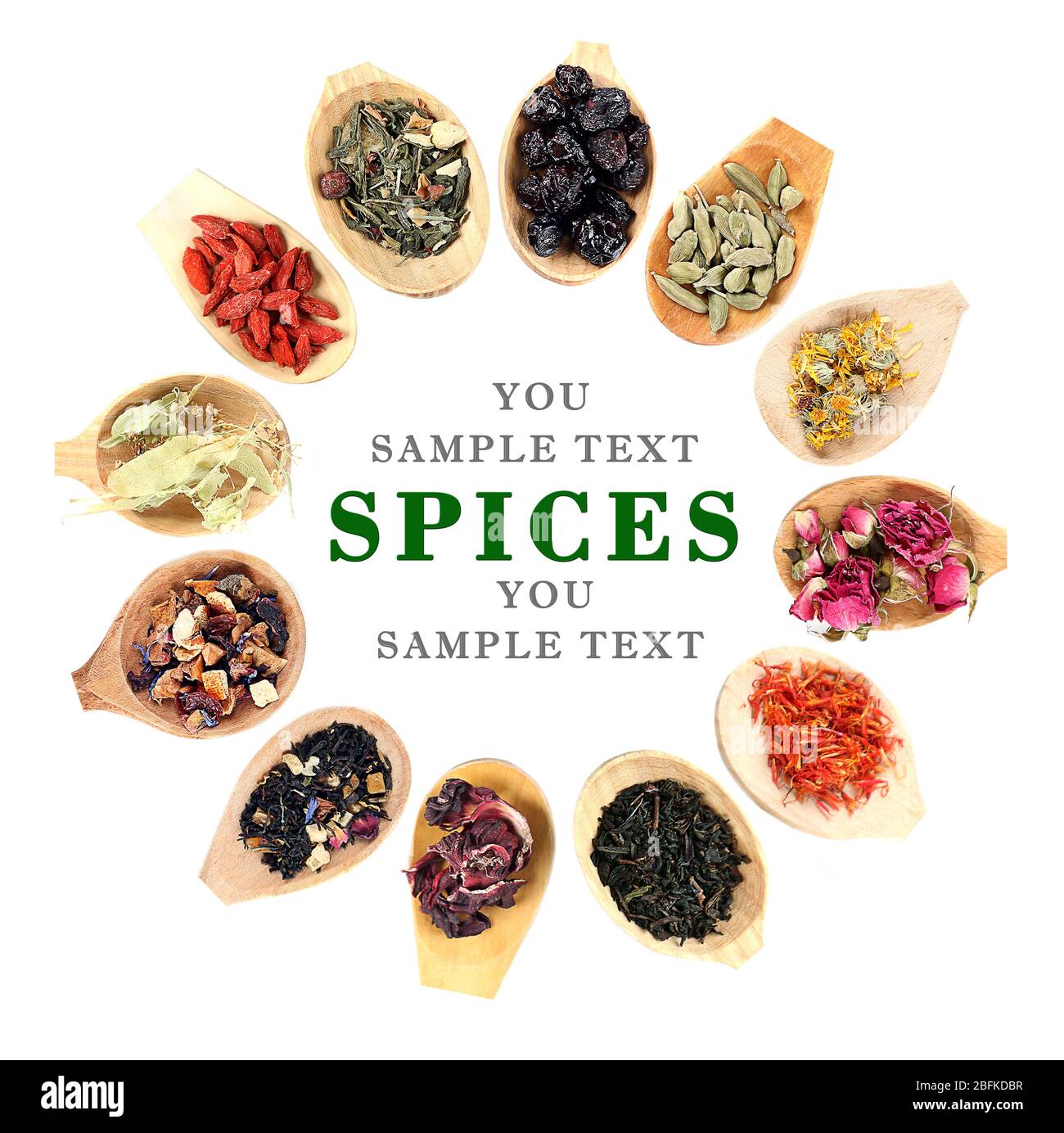 Collection of tea and natural additives in wooden spoons, isolated on ...