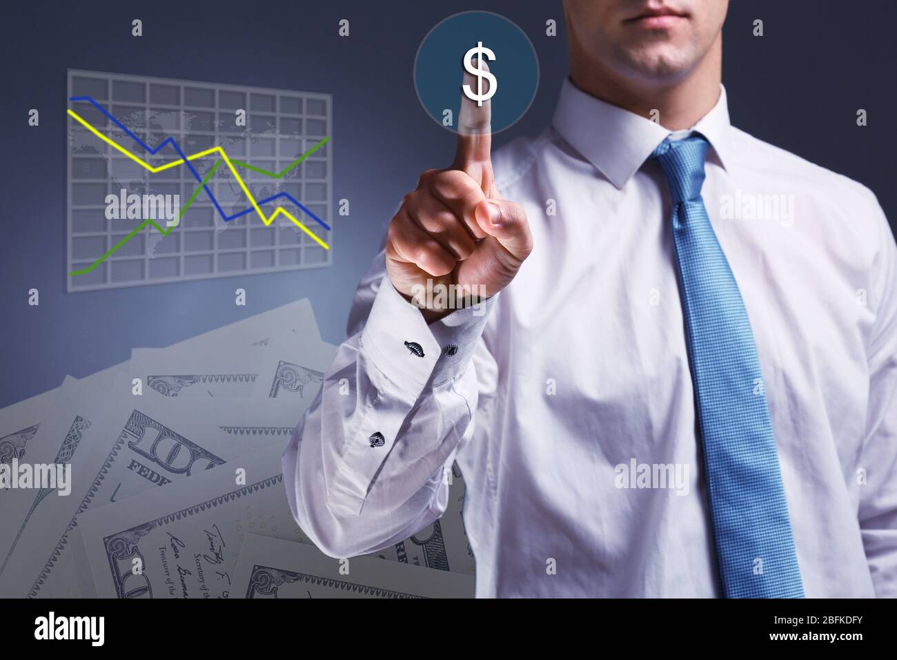 Businessman with financial graphic coming from hand Stock Photo - Alamy