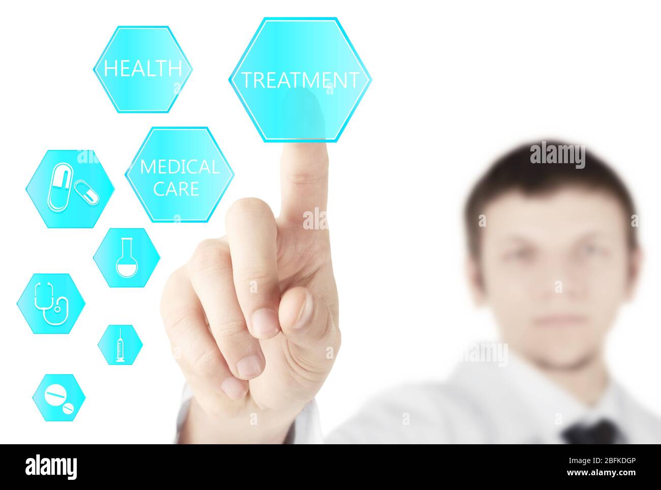 Doctor hand with medicine icons - medical technology concept Stock ...