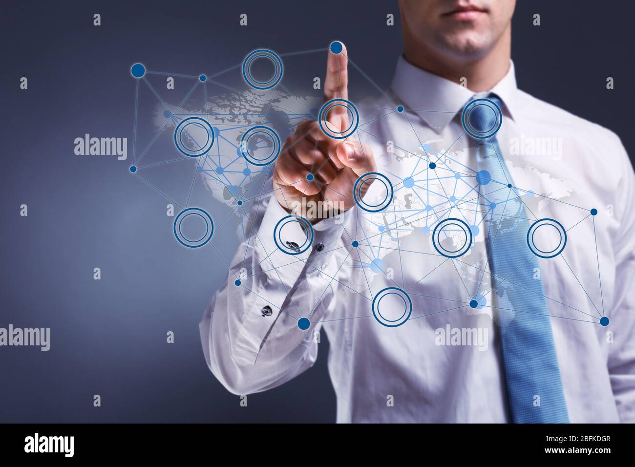 Human hand pressing social network structure Stock Photo - Alamy