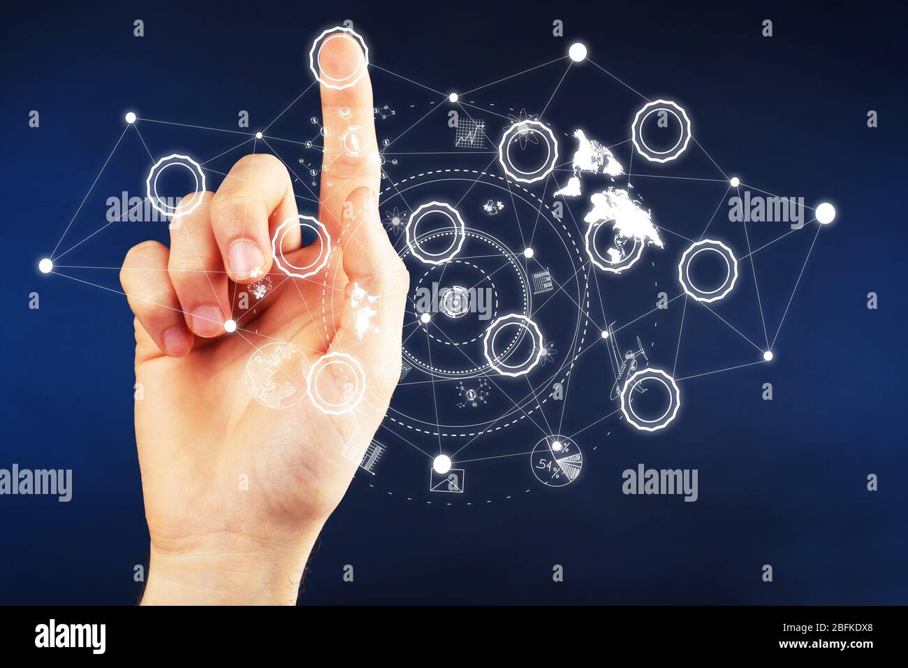 Human hand pressing social network structure Stock Photo - Alamy